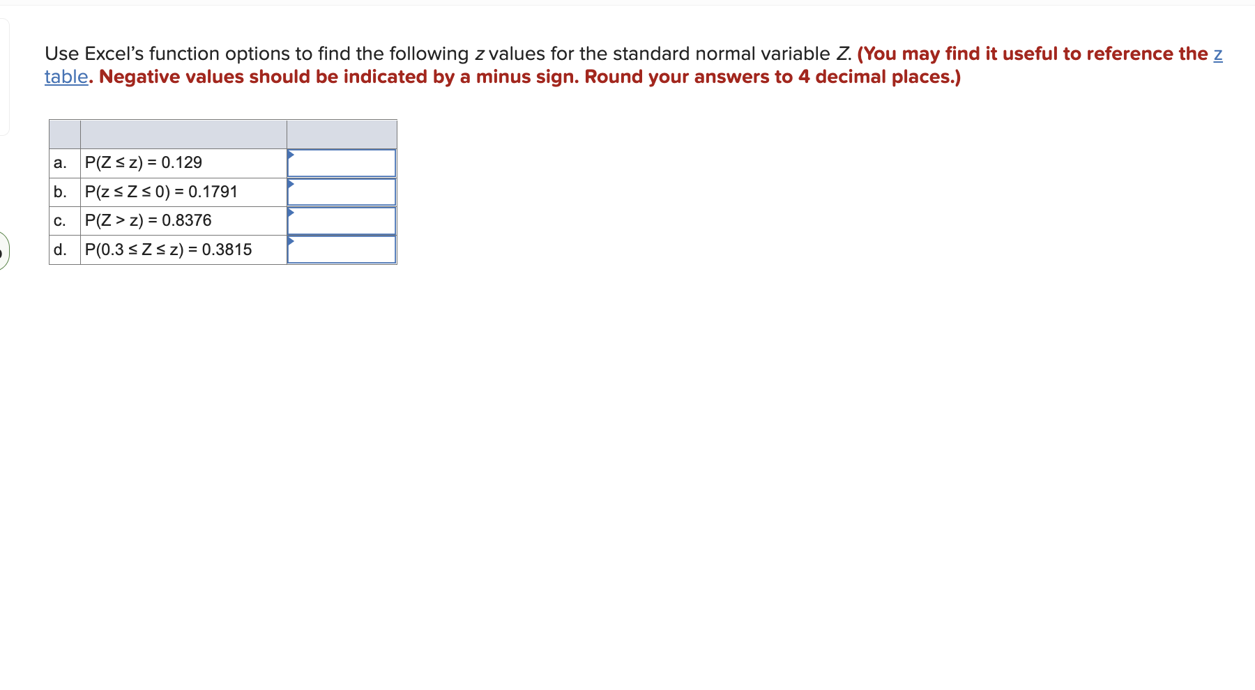 Solved Use Excel's function options to find the following z | Chegg.com
