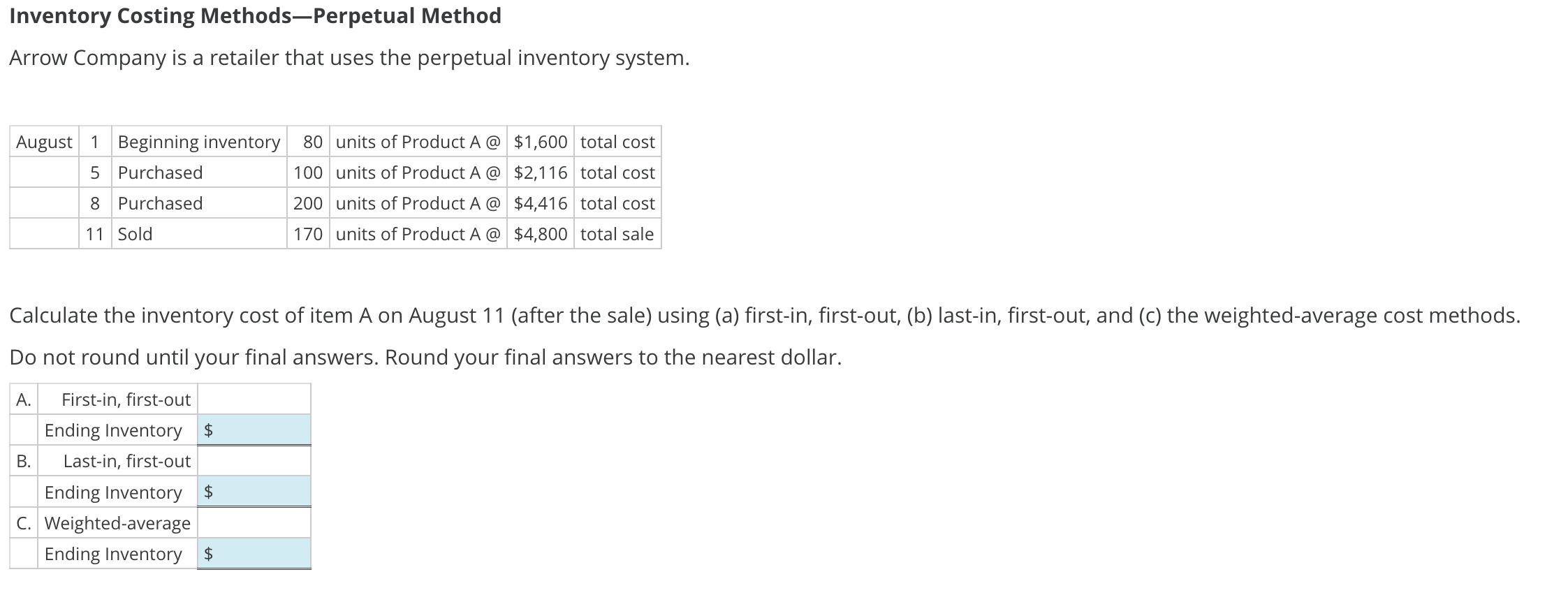 Solved Inventory Costing Methods-Perpetual Method Arrow | Chegg.com