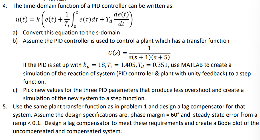 Solved The time-domain function of a PID controller can be | Chegg.com