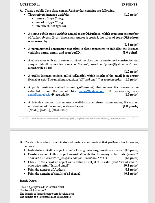 Solved QuEsTION 1: [9 POINTS] A. Create a public Java class | Chegg.com