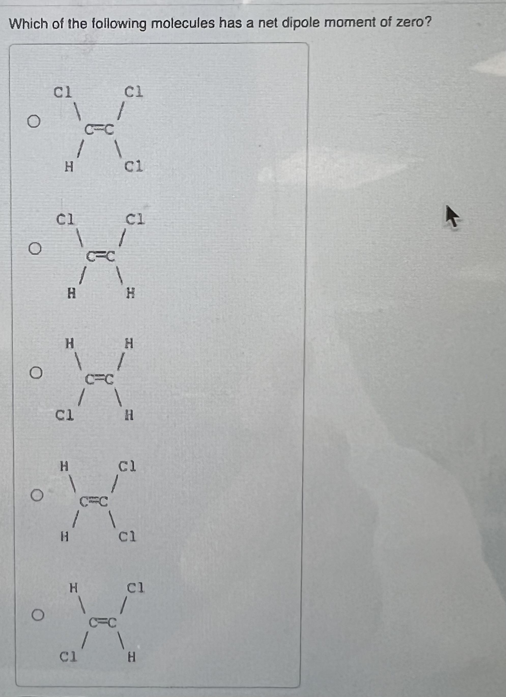 Solved Which of the following molecules has a net dipole | Chegg.com