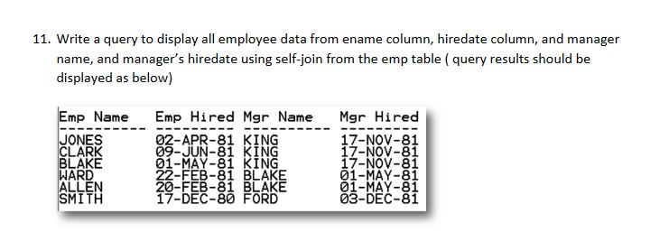 Table emp contains empno, ename, job, mgr, hiredate, | Chegg.com