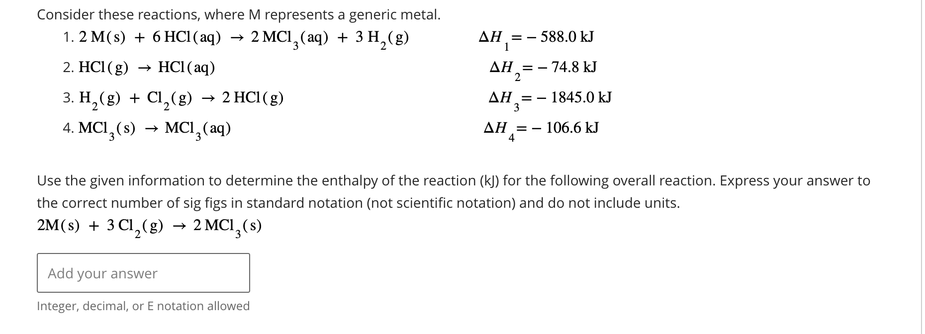 Solved 1. 2M(s)+6HCl(aq)→2MCl3(aq)+3H2( g) 1. | Chegg.com