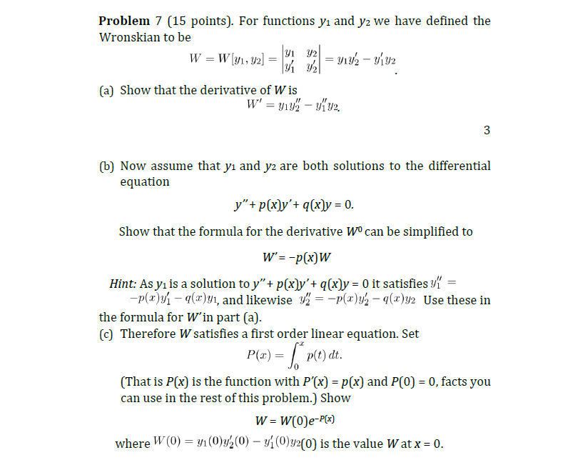 Solved Problem 7 (15 points). For functions yı and y2 we | Chegg.com
