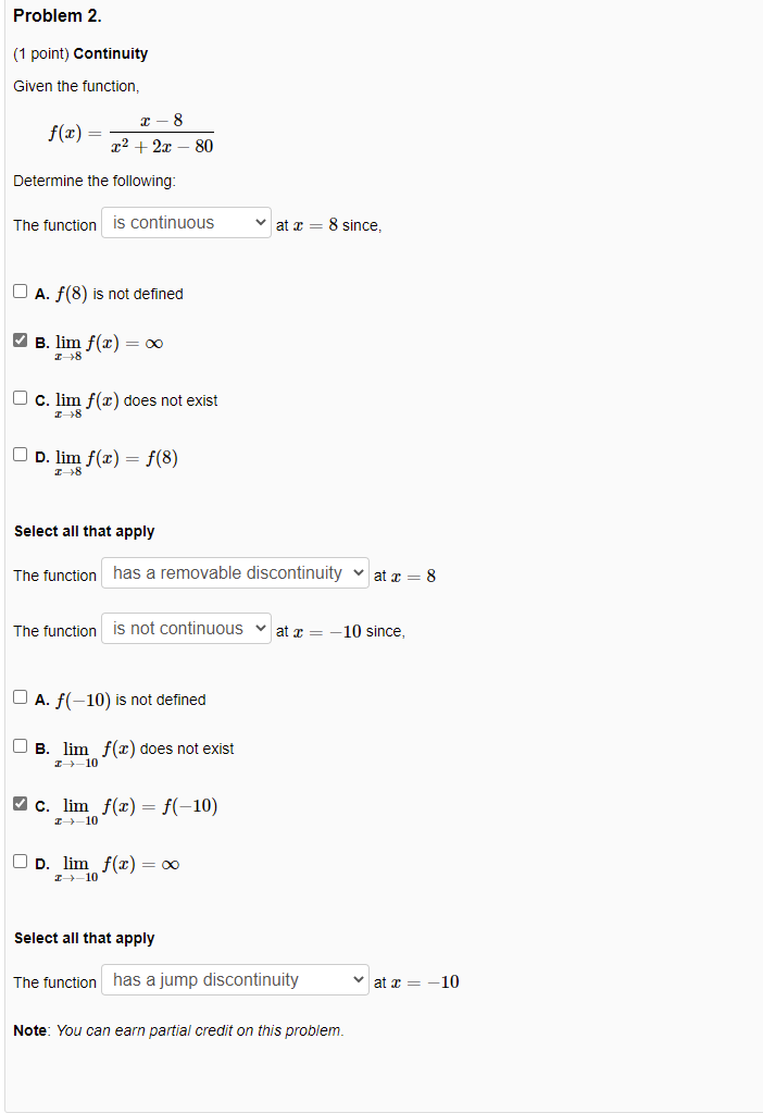 Solved Problem 2. (1 point) Continuity Given the function, 8 | Chegg.com