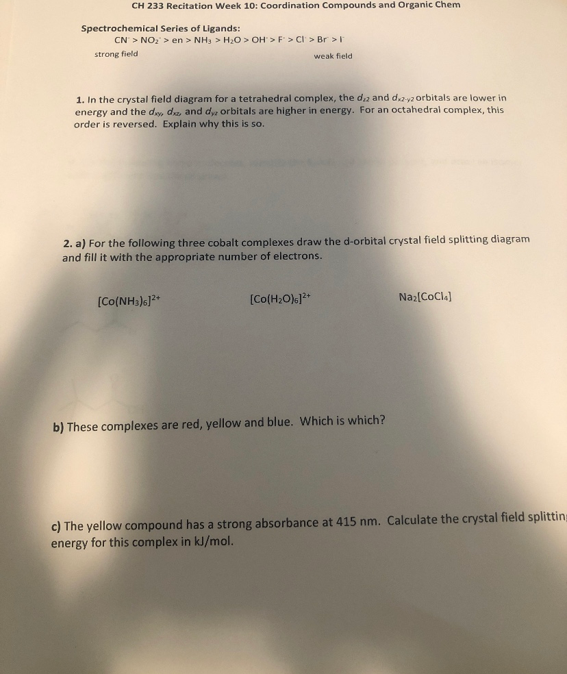 Solved CH 233 Recitation Week 10: Coordination Compounds and | Chegg.com