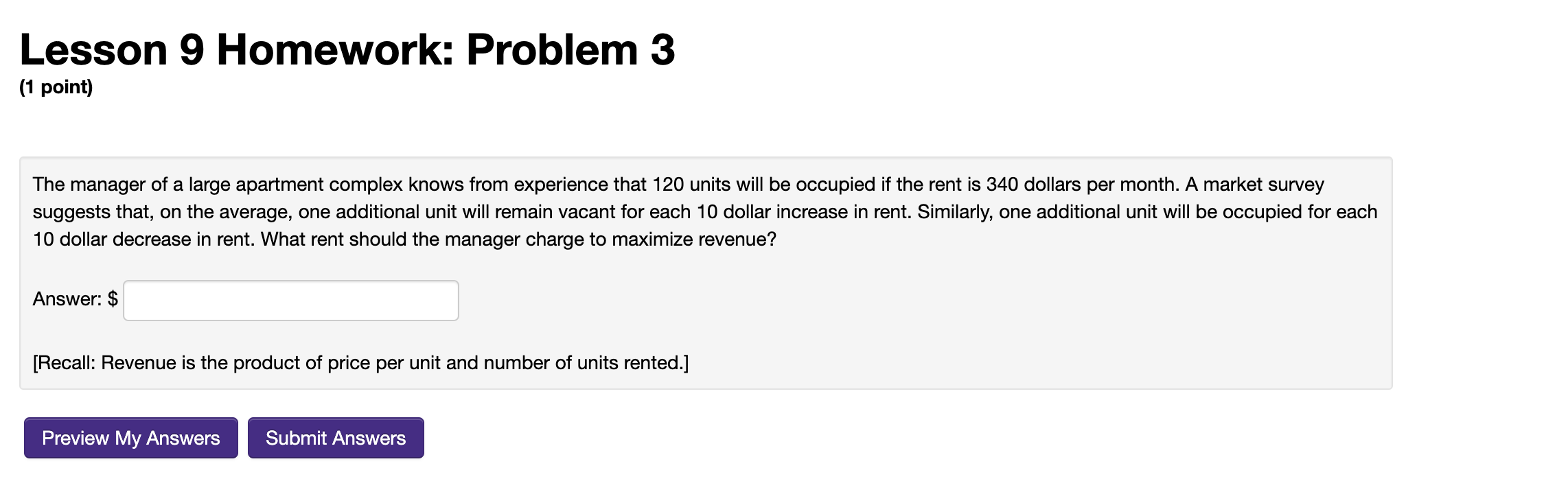 Solved Lesson 9 Homework: Problem 3 (1 point) The manager of | Chegg.com