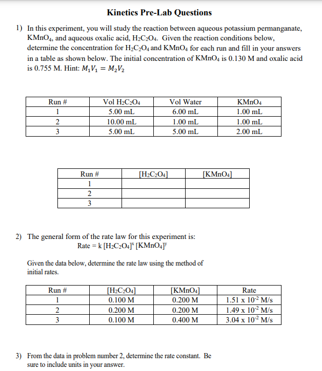 Solved Kinetics Pre-Lab Questions 1) In this experiment, you | Chegg.com