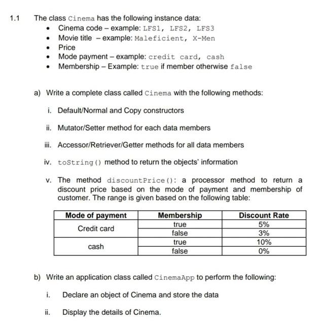 Solved 1.1 The class Cinema has the following instance data: | Chegg.com