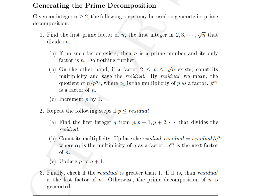 Generating the Prime Decomposition Given an integer | Chegg.com