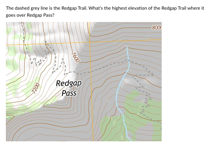 Solved The dashed grey line is the Redgap Trail. What's the | Chegg.com