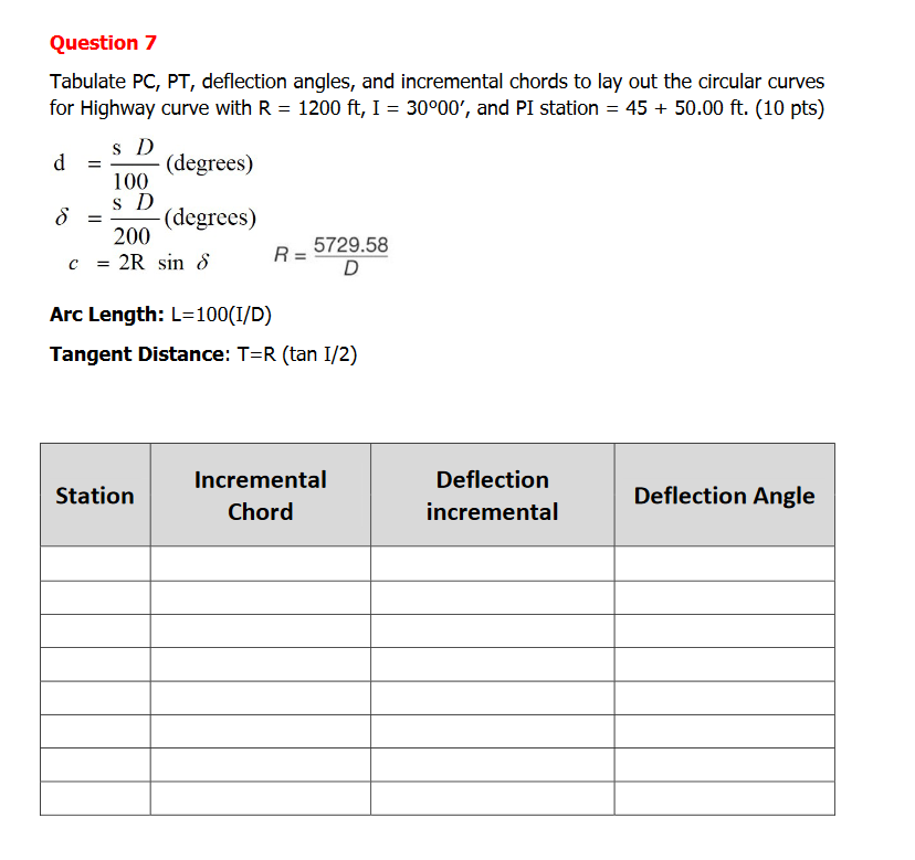 Solved Question 7 Tabulate PC, PT, deflection angles, and | Chegg.com