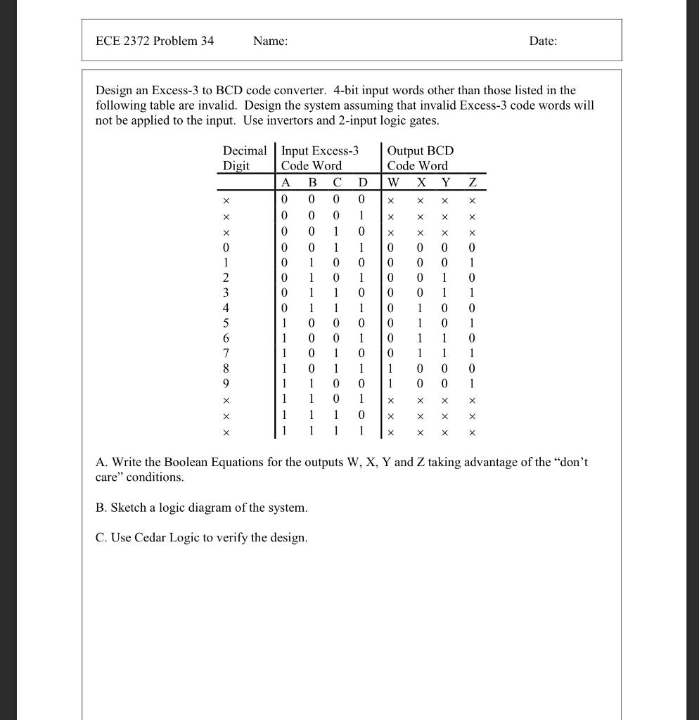 Solved Ece 2372 Problem 34 Name Date Design An Excess 3 To 