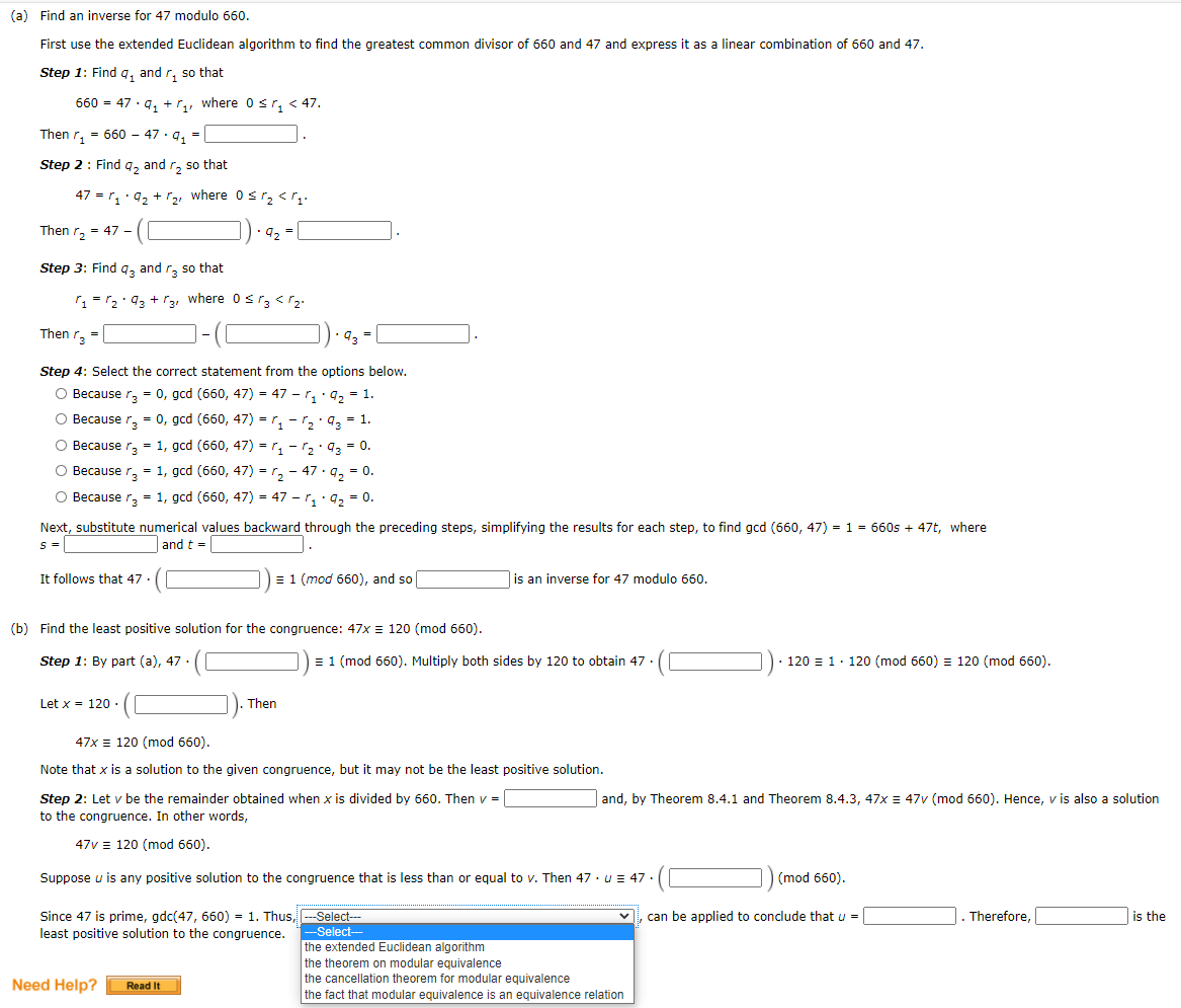 Solved (a) Find an inverse for 47 modulo 660. First use the | Chegg.com