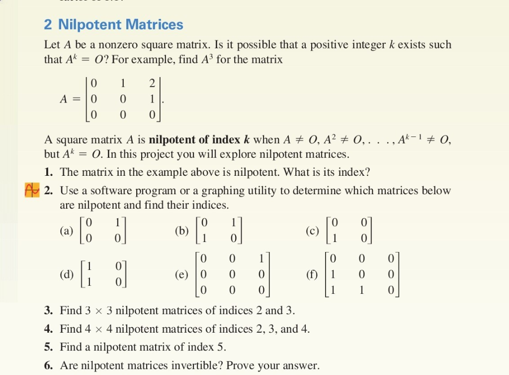 Solved 2 Nilpotent Matrices Let A be a nonzero square | Chegg.com