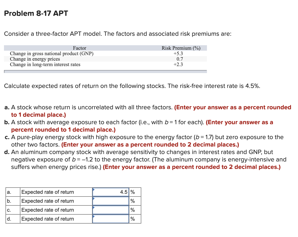 Solved Problem 8 17 Apt Consider A Three Factor Apt Model