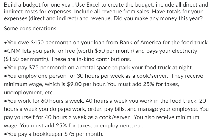 Solved Build a budget for one year. Use Excel to create the | Chegg.com