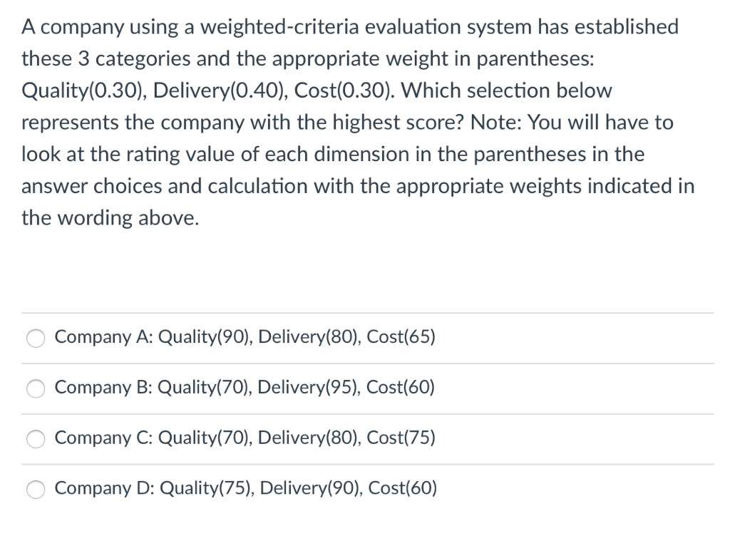 Solved A company using a weighted-criteria evaluation system | Chegg.com