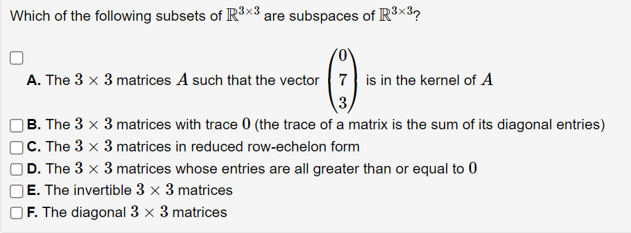 Solved Which of the following subsets of R3×3 ﻿are subspaces | Chegg.com