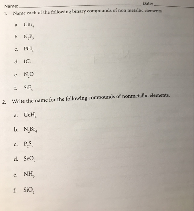 Solved Name: Date: Name each of the following binary | Chegg.com