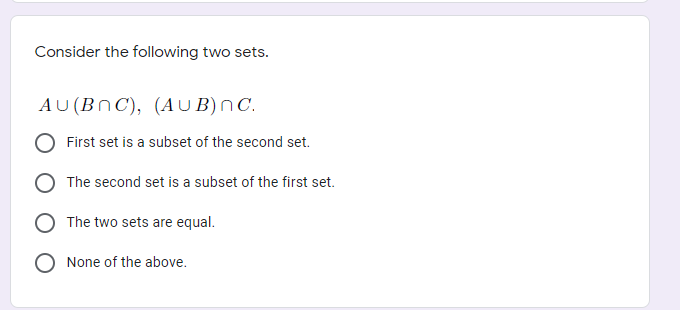 Solved Consider the following two sets. AU (BNC), (AUB) NC | Chegg.com