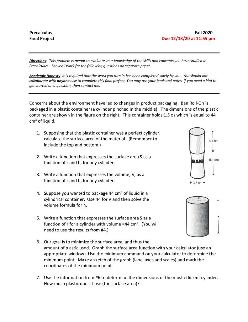 Precalculus Final Project Fall 2020 Due 12/18/20 at | Chegg.com