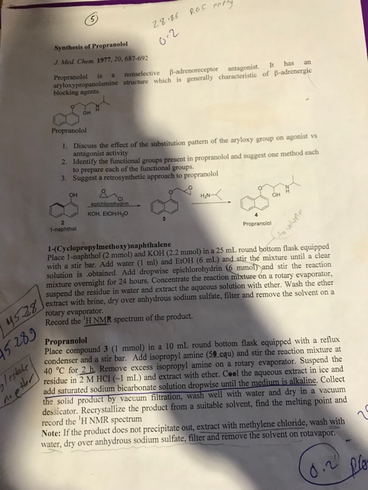Solved oc erty 6 Synthesis of Propranolol J. Med. Chem 1977, | Chegg.com