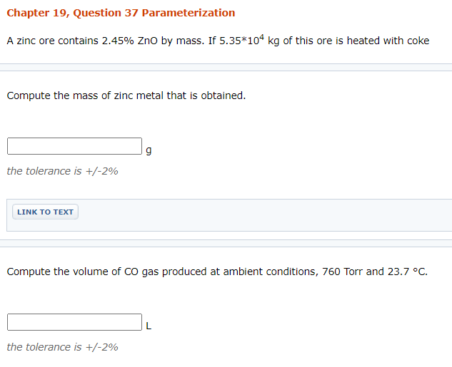 Solved Chapter 19, Question 37 Parameterization A zinc ore | Chegg.com