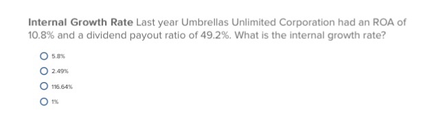 Solved Internal Growth Rate Last year Umbrellas Unlimited | Chegg.com