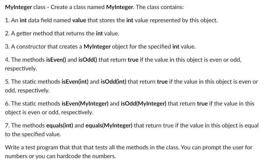 Solved Mylnteger Class Create A Class Named Myinteger The 