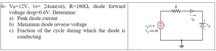 Solved VB=12V, vs= 24sin( t), R=100 , diode forward voltage | Chegg.com
