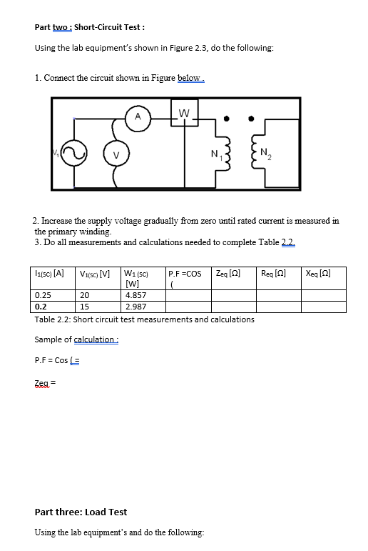 Procedures and Analysis Part one: Open-Circuit Test: | Chegg.com