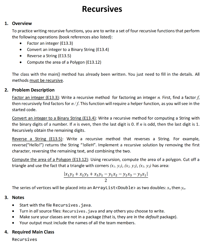 Recursives 1. Overview To practice writing recursive | Chegg.com