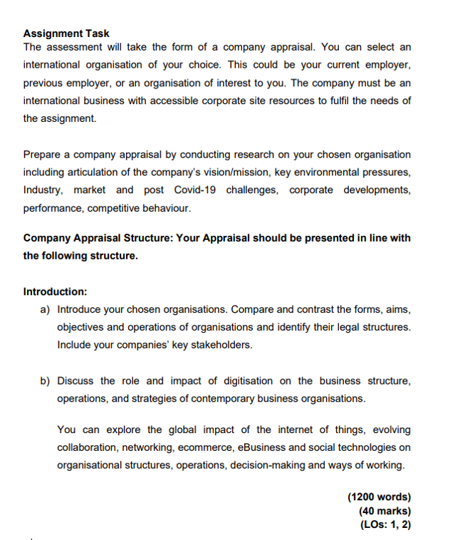 Solved Assignment Task The assessment will take the form of | Chegg.com