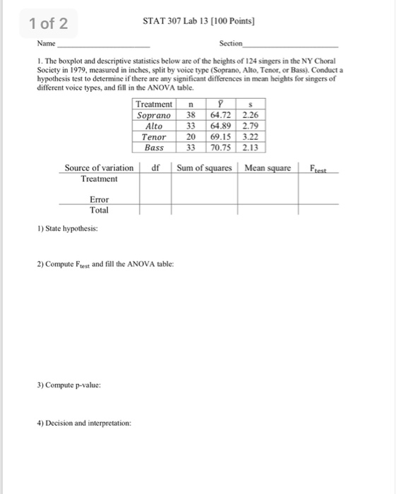 Solved 1 Of 2 Stat 307 Lab 13 [100 Points] Name Section 1