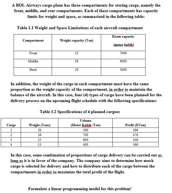 Solved A BOL-Airways cargo plane has three compartments for | Chegg.com