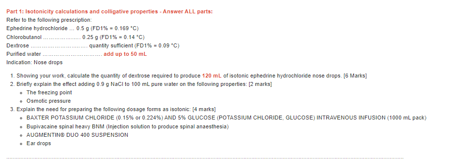 Solved Part 1: Isotonicity calculations and colligative | Chegg.com