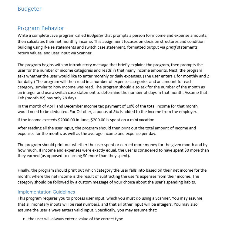Solved Budgeter Program Behavior Write a complete Java | Chegg.com