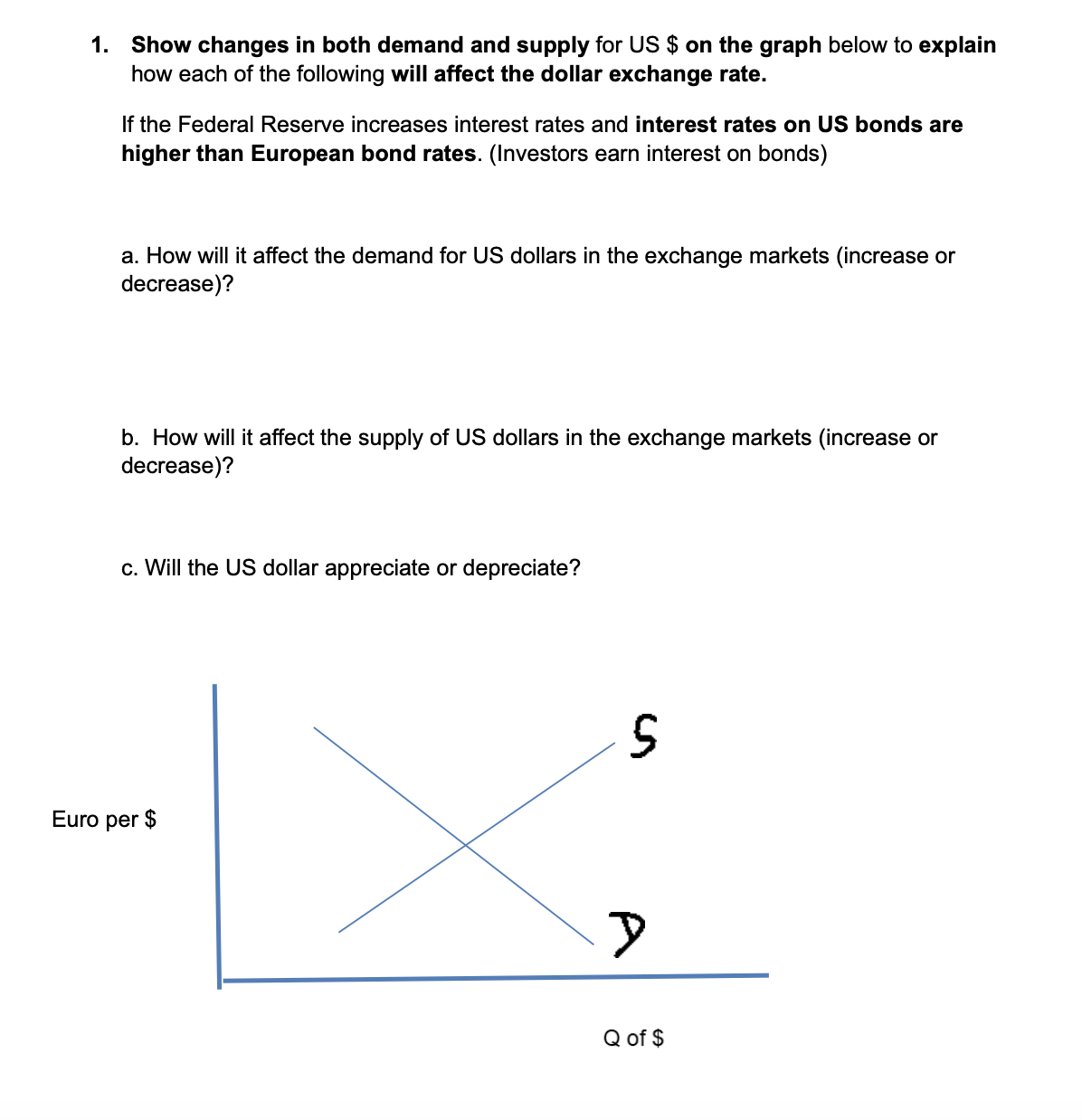 Solved 1. Show changes in both demand and supply for US $ on | Chegg.com