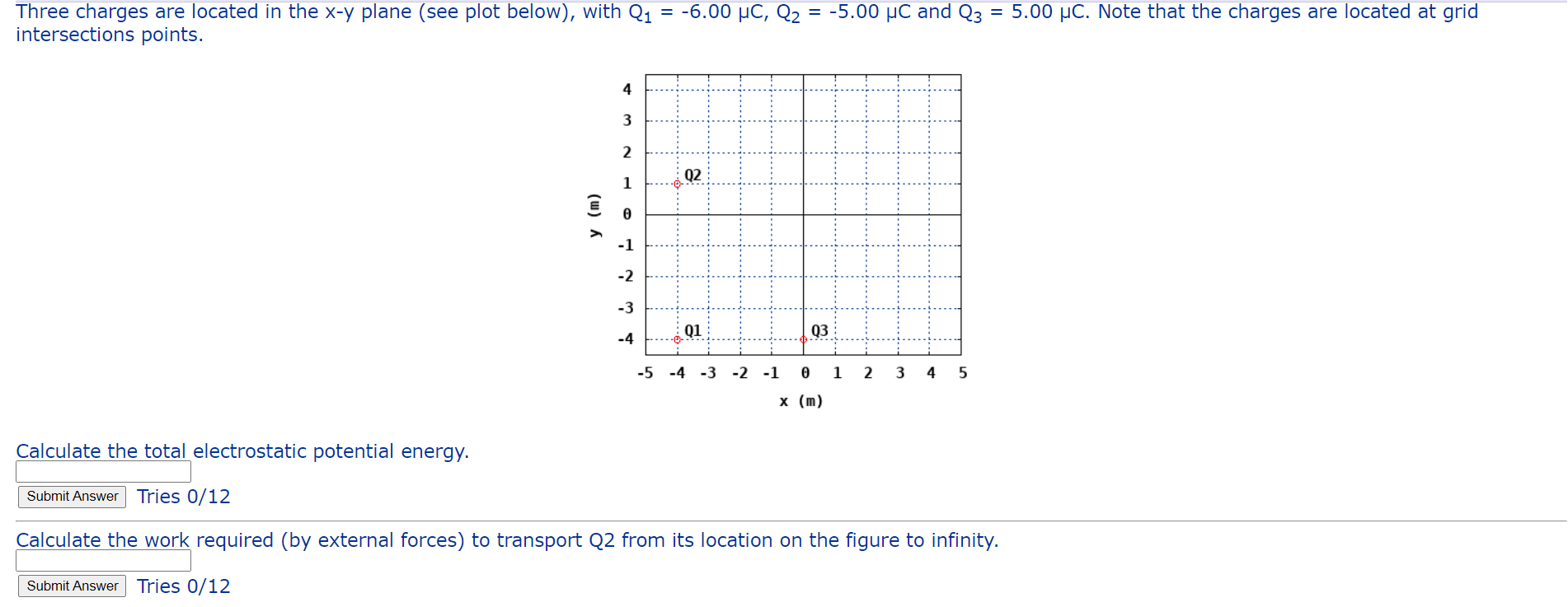 Solved Three charges are located in the x-y plane (see plot | Chegg.com