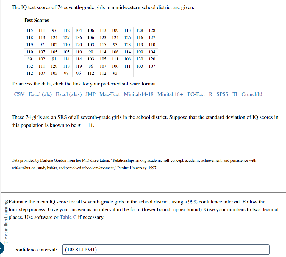 Solved The IQ test scores of 74 ﻿seventh-grade girls in a | Chegg.com