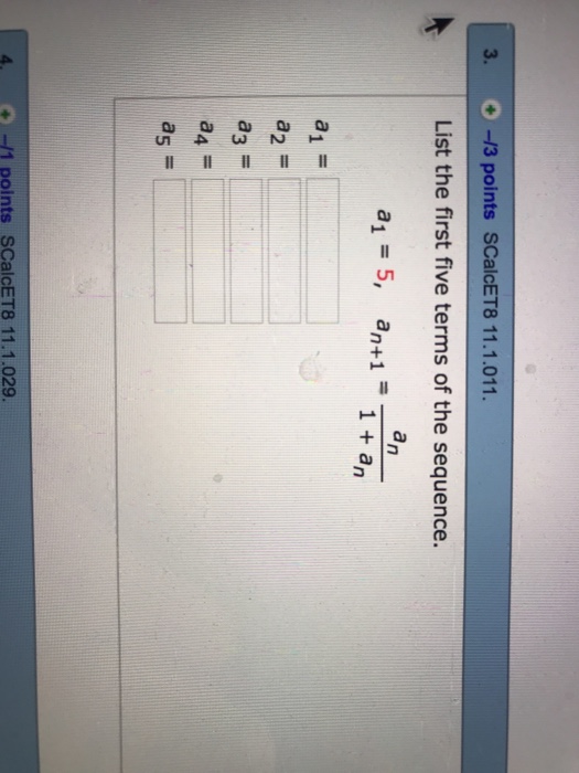 Solved 3. O -/3 points SCalcET8 11.1.011. List the first | Chegg.com