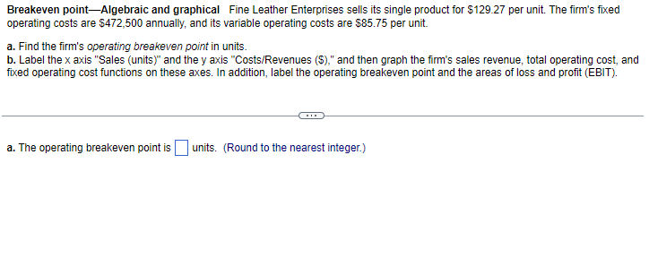 Solved Breakeven point-Algebraic and graphical Fine Leather | Chegg.com Solved Breakeven point-Algebraic and graphical Fine Leather | Chegg.com