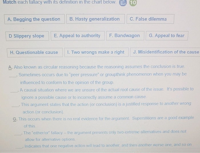 Solved Match each fallacy with its definition in the chart | Chegg.com