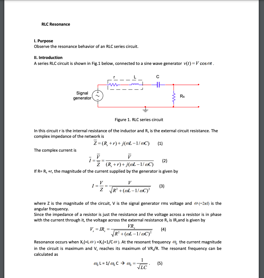 Solved RLC Resonance 1. Purpose Observe the resonance | Chegg.com