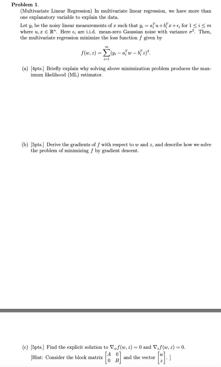 Solved Problem 1. (Multivariate Linear Regression) In | Chegg.com