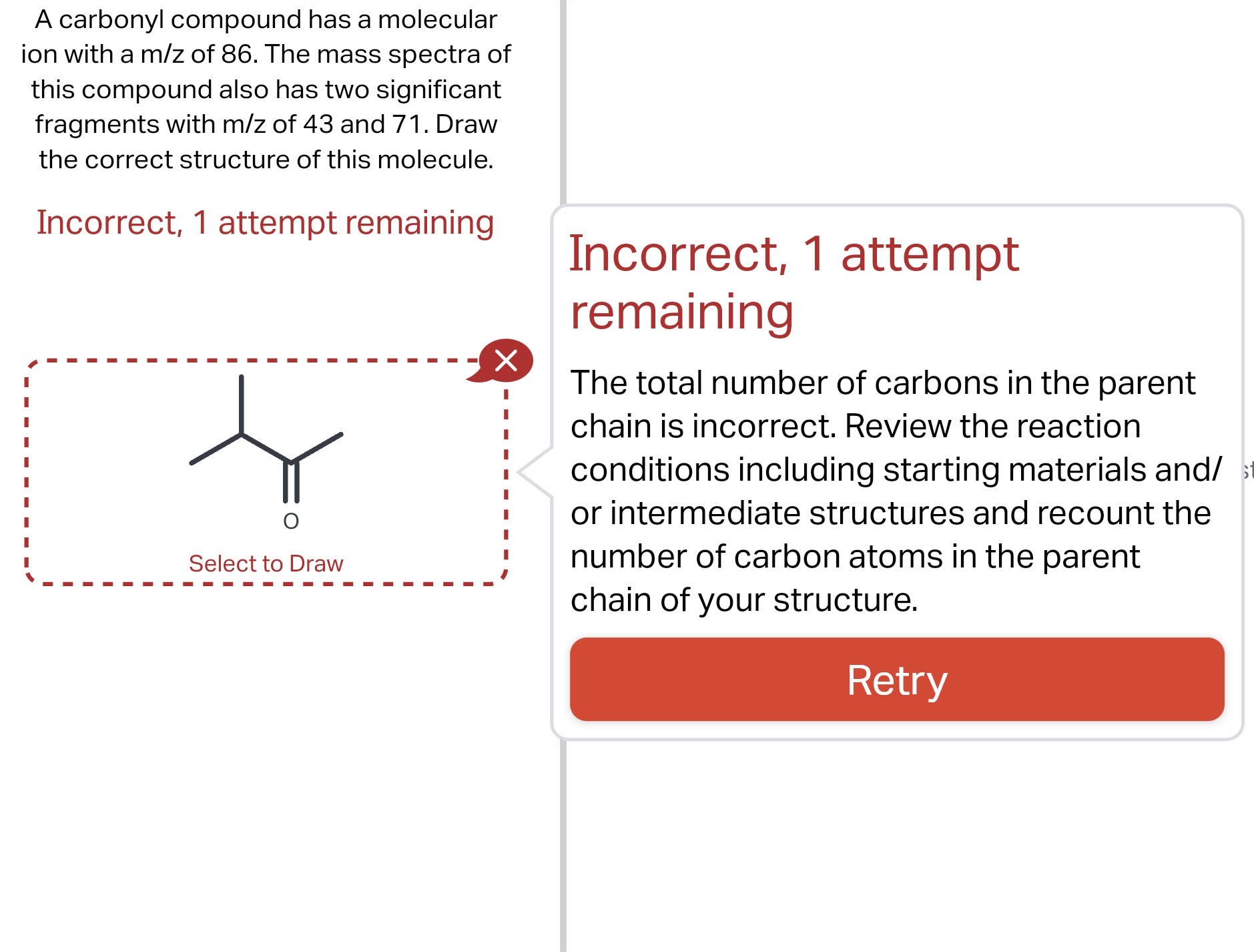 Solved A carbonyl compound has a molecular ion with m/z of | Chegg.com