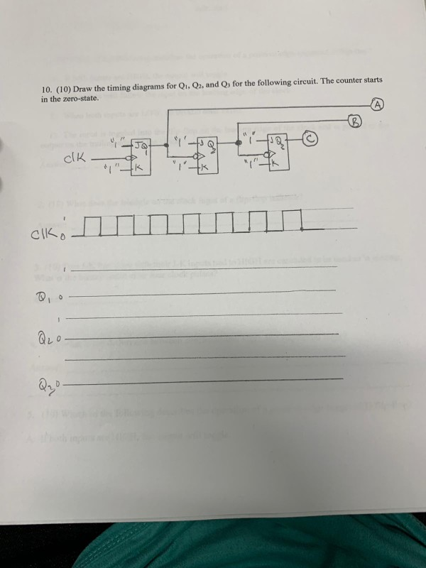 Solved 10. (10) Draw the timing diagrams for Qt, Q2, and Qs | Chegg.com