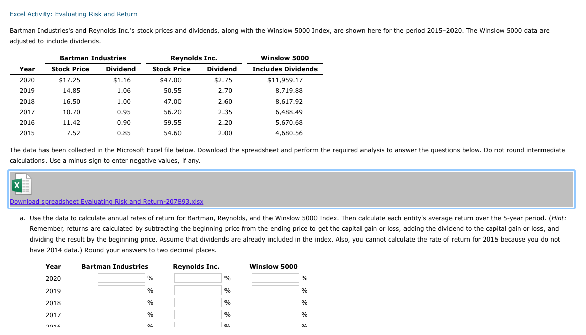 Solved Excel Activity: Evaluating Risk and Return adjusted | Chegg.com