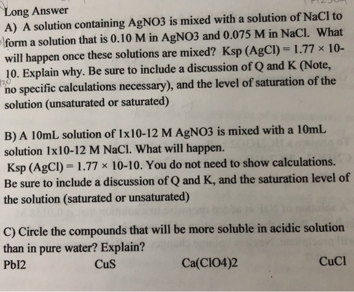 Solved ong Answer A) A solution containing AgNO3 is mixed | Chegg.com